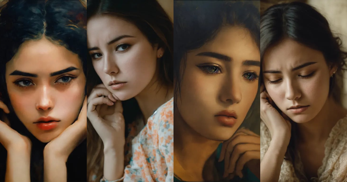 Lexica - A young woman cradling her face with a melancholic expression