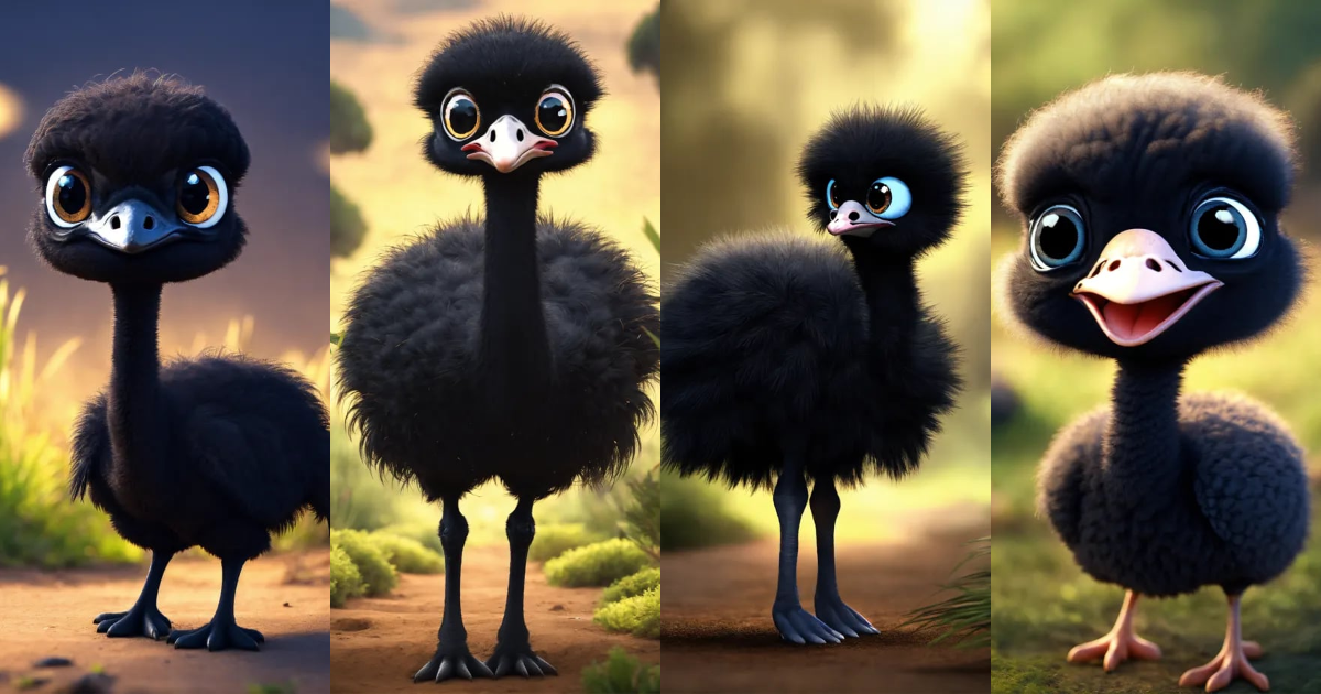 Lexica - A cute all black baby ostrich with big eyes, animated, cartoon ...