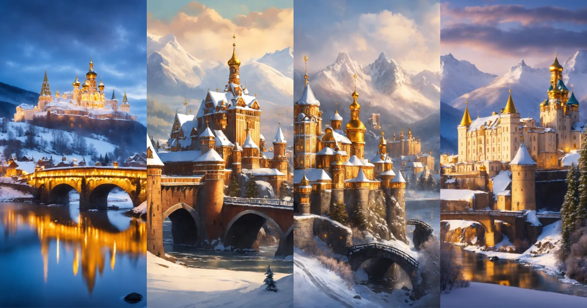 Lexica - Snowy landscapes with in the center a large Russian castle ...