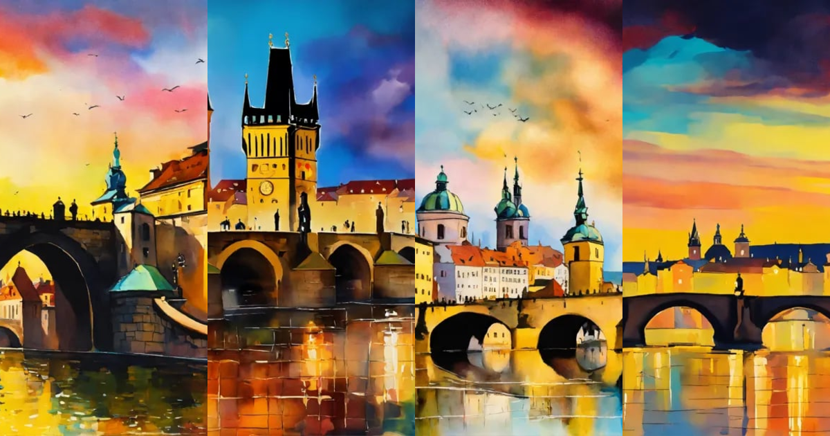 Lexica - Charles Bridge, Praga, a colorful painting in the style of ...