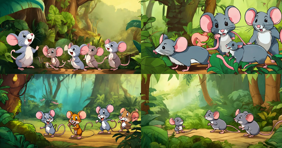 Lexica - Cartoon group of mouse wandering in jungle