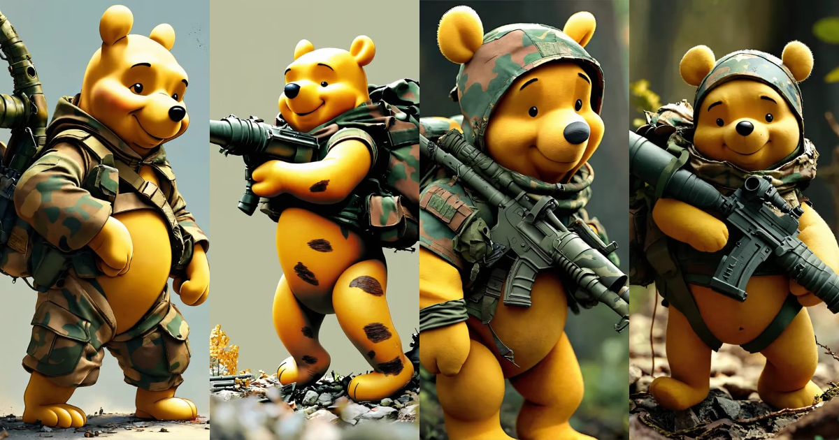 Lexica - Winnie the pooh in camouflaged commando suit holding a bazooka ...
