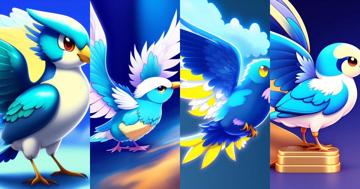 Lexica - Anime illustration of a cute blue bird Pokemon with four wings