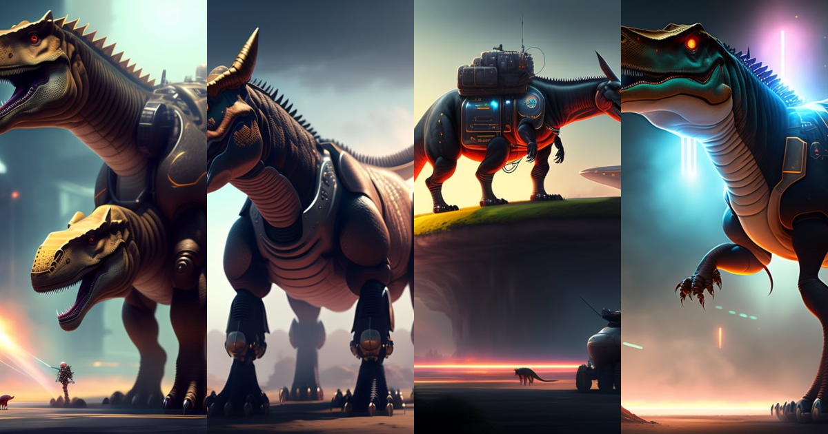 Lexica - Realistic concept art of a dinosaur with cyborg props, robot ...