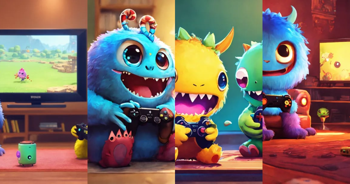 Lexica - Cute monsters playing video games