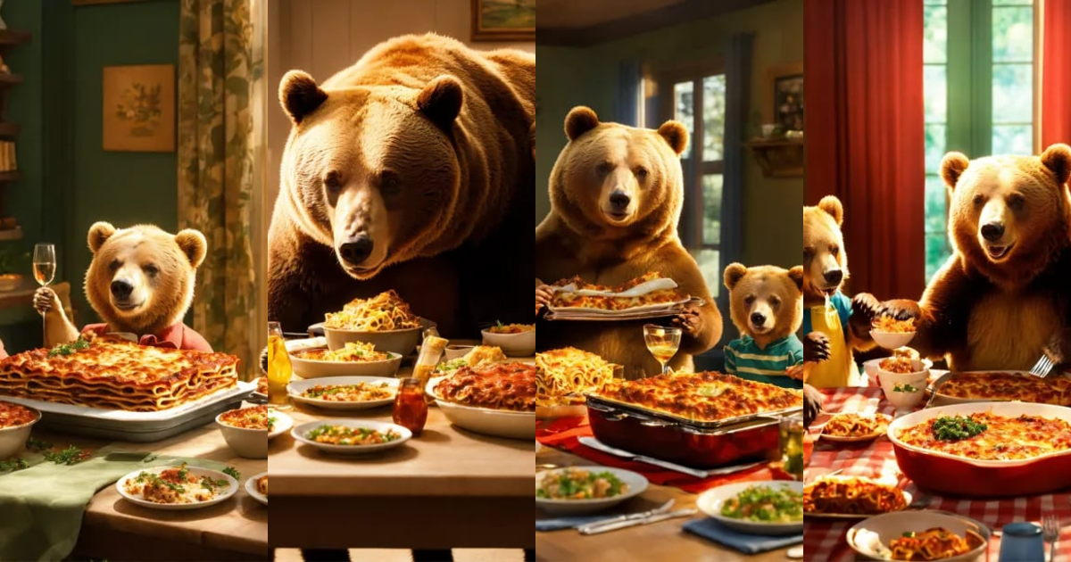 Lexica - A bear family of four is enjoying lasagna dinner in the dining ...
