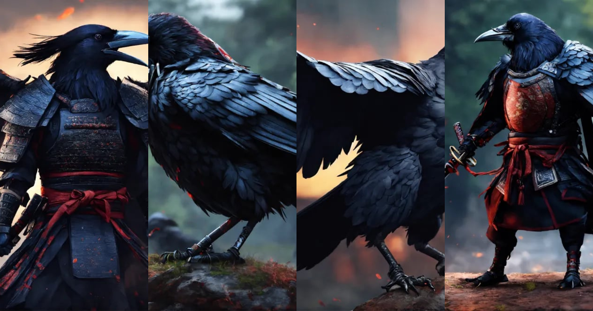 Lexica - Raven samurai with arms. Battlefield. Hyper realistic.