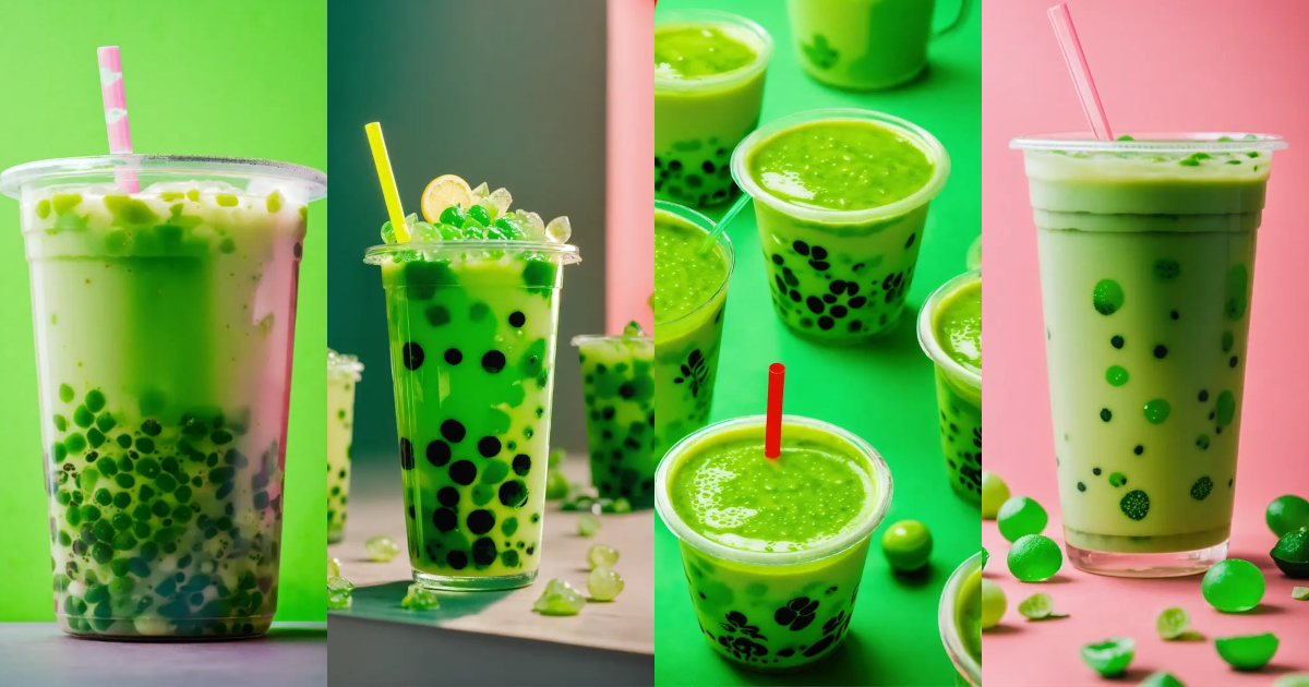 Lexica - Floating green boba tea. A lot of bobas. Stickers on cup ...