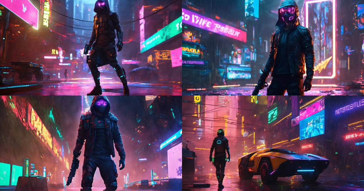 Lexica - Futuristic edgerunner masked assassin, half cyborg, full body ...