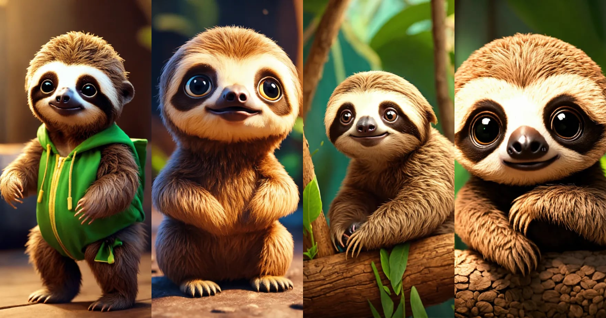 Lexica - A cute baby sloth with big eyes, animated, cartoon, unreal.
