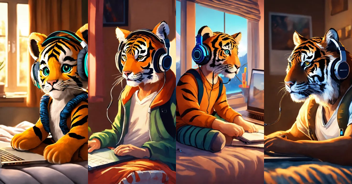 Lexica - Young Tiger Sitting On The Bed In His Room, Listening To ...