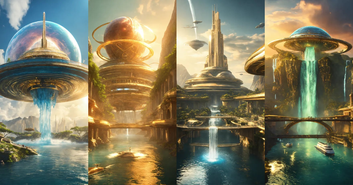 Lexica - Alien water planet, waterfalls, futuristic city landscape ...