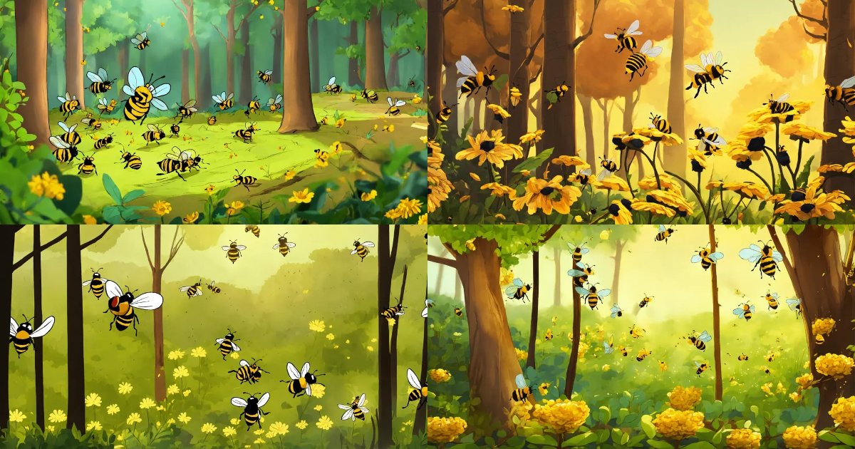 Lexica - A swarm of bees in the forest, cartoon