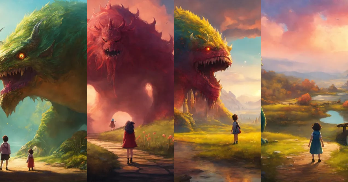 Lexica - Paysage de fantasy avec une créature monstrueuse qui rencontre ...