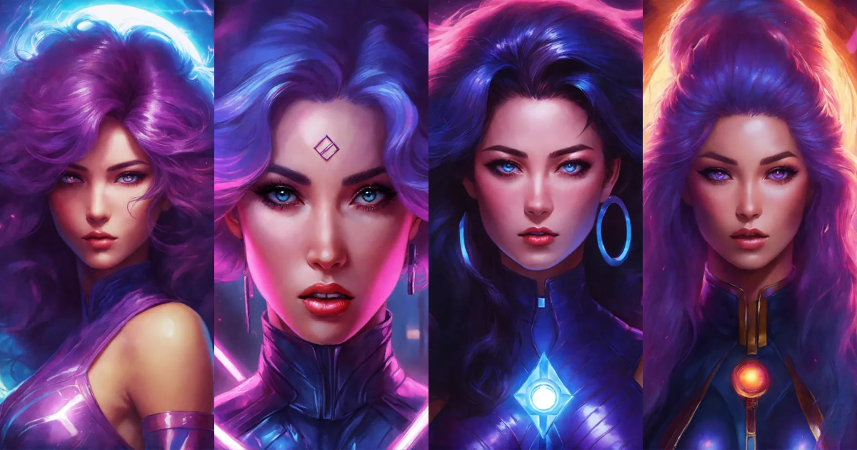 Lexica - "80s Psylocke", big hair, psionic, psychic, light, glowing, intricately detailed eyes ...