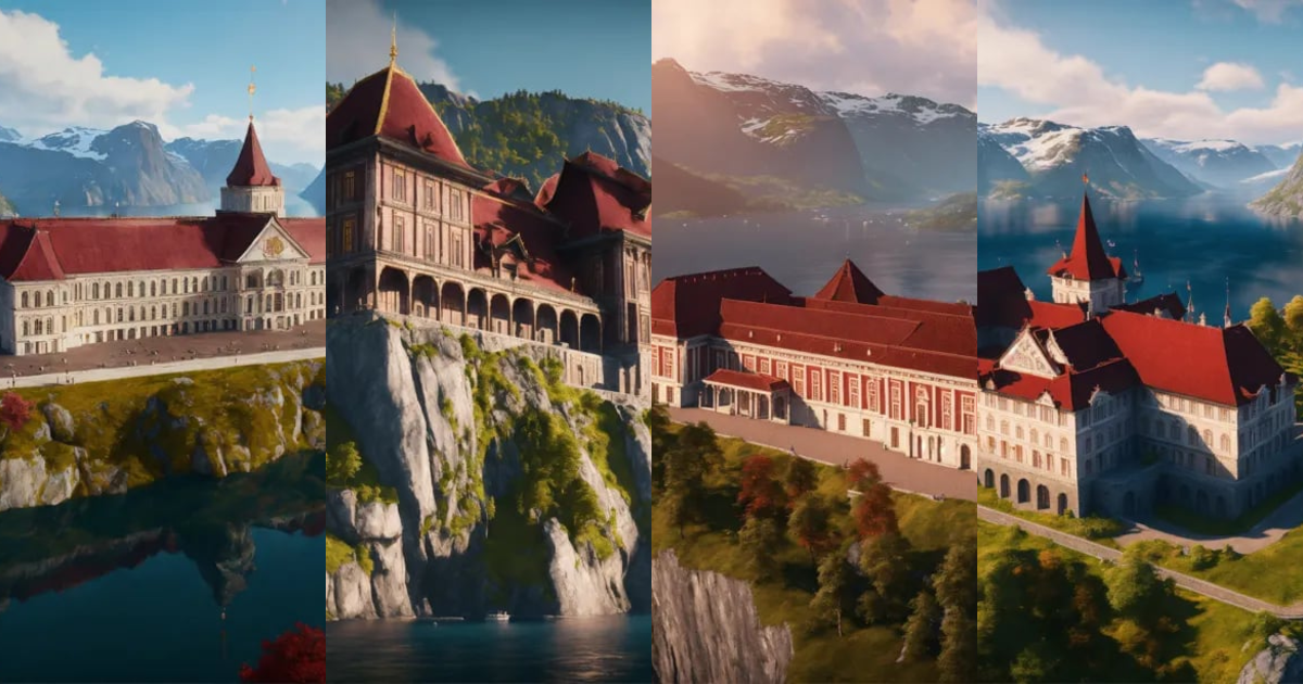 Lexica - Full image of a massive royal palace with a maroon roof on a cliff overlooking a Fjord ...