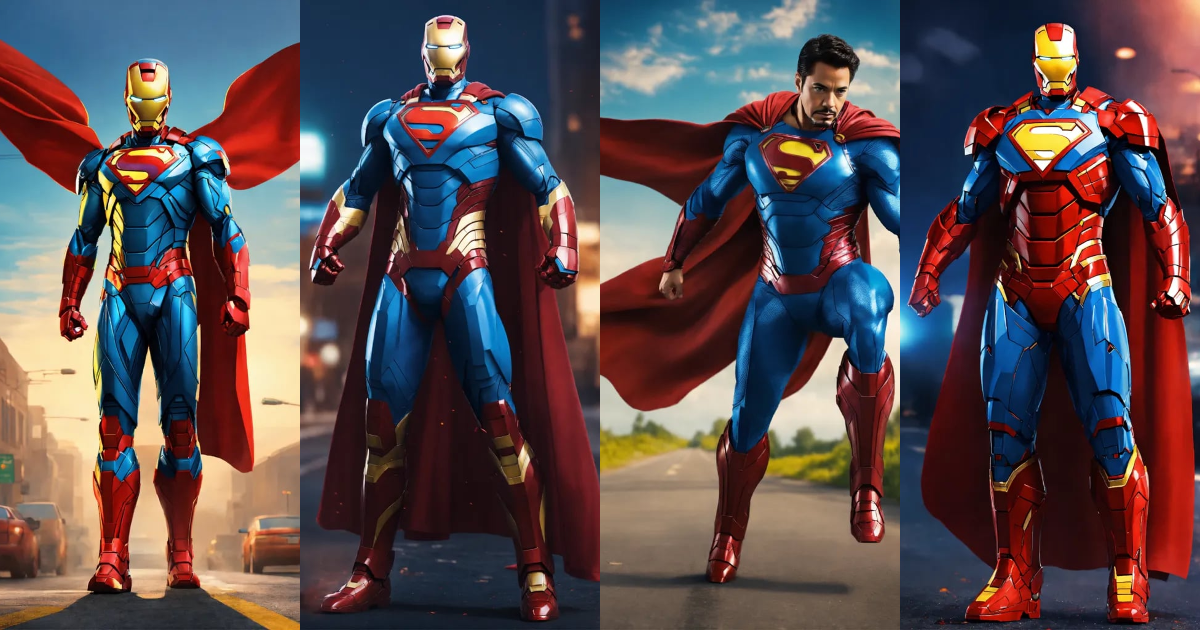 Lexica - Iron Man as Superman full-body, colorful background, blue ...