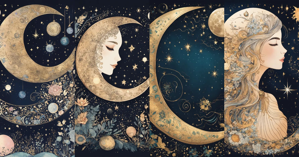 Lexica - Line art whimsical moon with glimmering illustrations and ...
