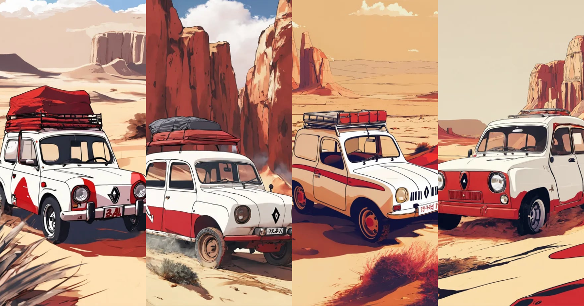 Lexica - A renault 4L white and red in the desert in one piece anime style