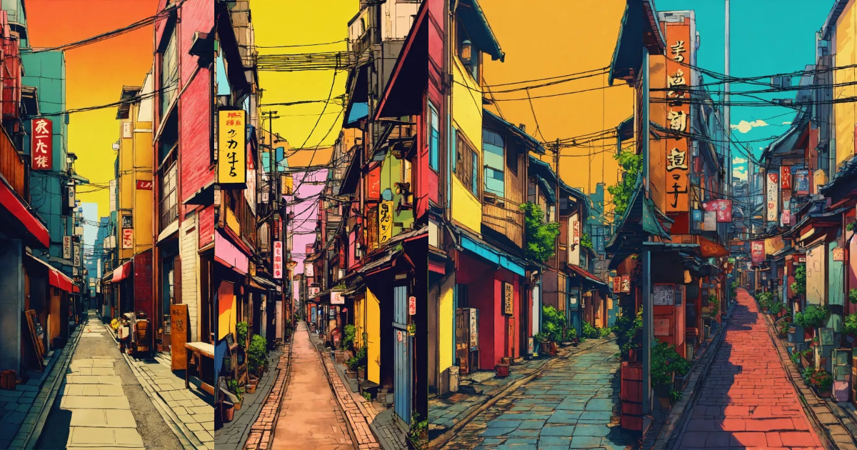 Lexica - A pop art illustration of a Tokyo alley medieval 8k quality.