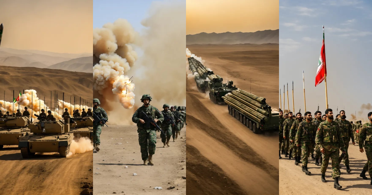 Lexica - Iran, war, army, marching forward, missiles.