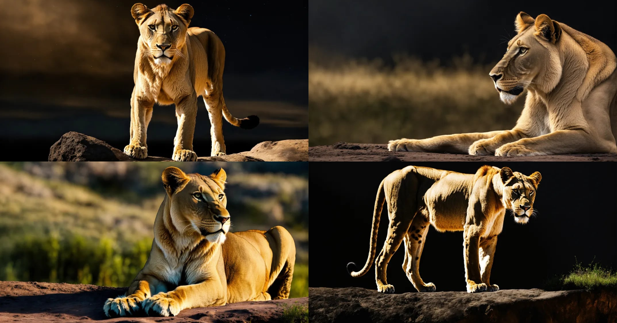 Lexica - A female lioness , 16K resolution. Side pose standing, looking ...