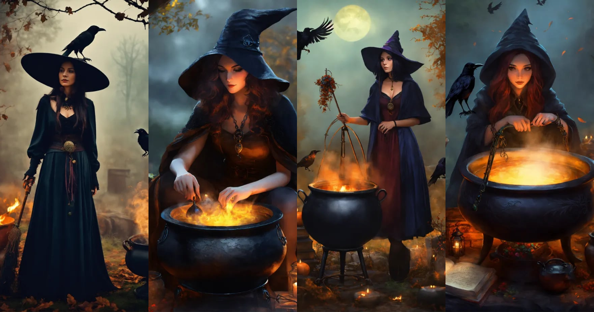 Lexica - Witch, raven, cauldron, mysterious and misty setting, spellbook.