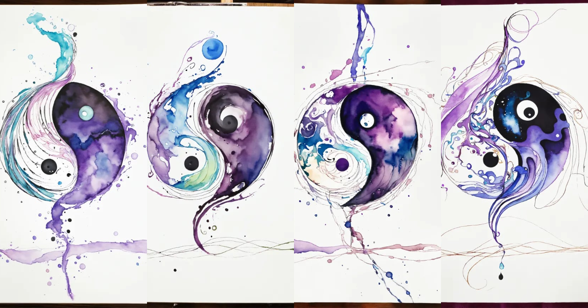 Lexica - Ying yang, tattoo, flowing lines, black, purple, water color