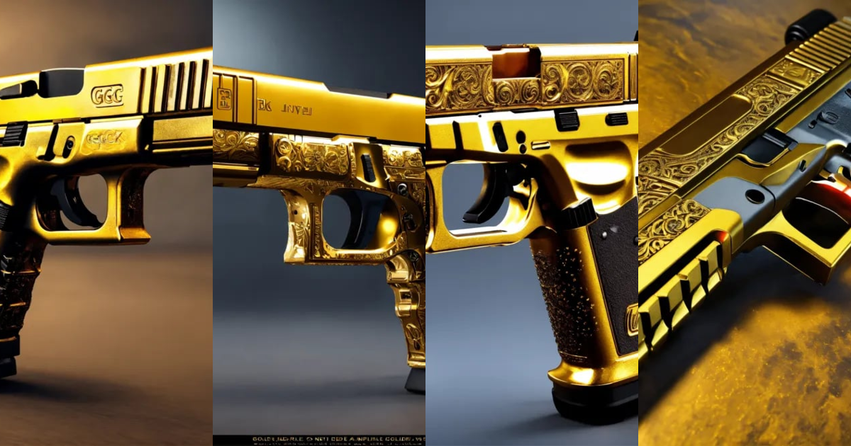 Lexica - Golden, glock, intricate design, 32K, UNREAL ENGINE