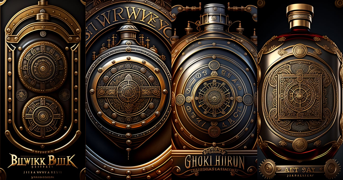 Lexica - Silver metallic gears steampunk-style bourbon whiskey label design
