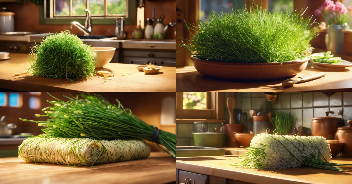 Lexica - Stock photo of small fresh roll of bundled chives on a warm ...