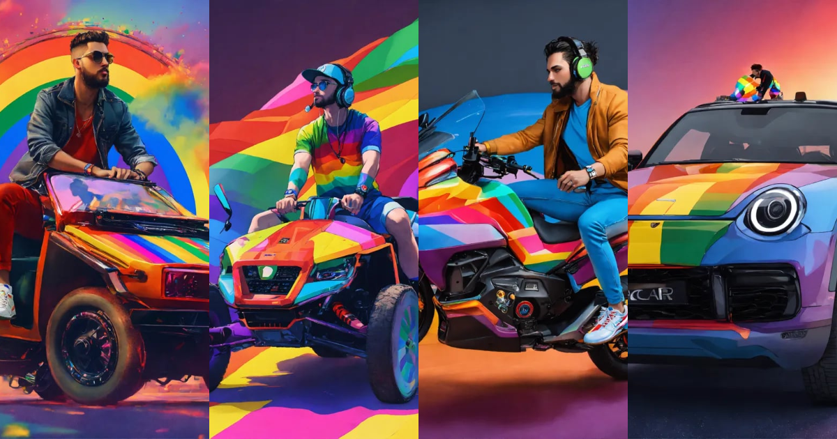 Lexica - A picture of a gay dj riding acar painted in the colors of pride