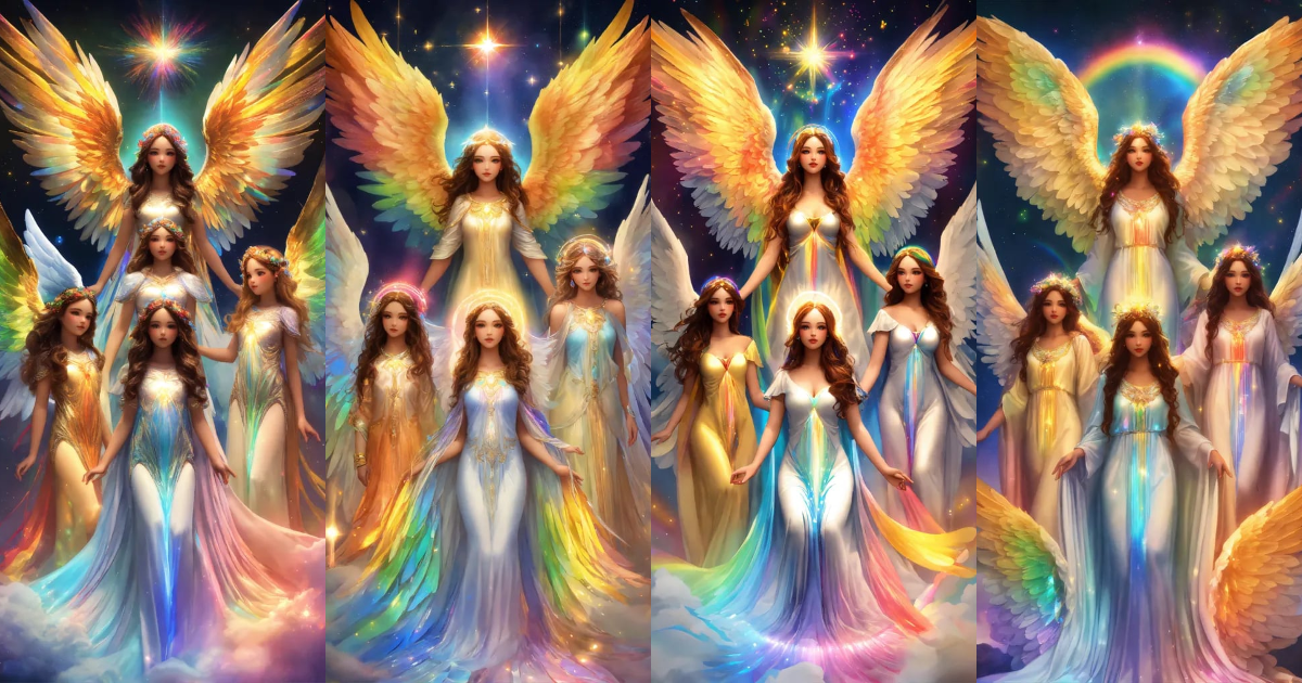 Lexica - 7 hyper-detailed holographic angels together with detailed and ...