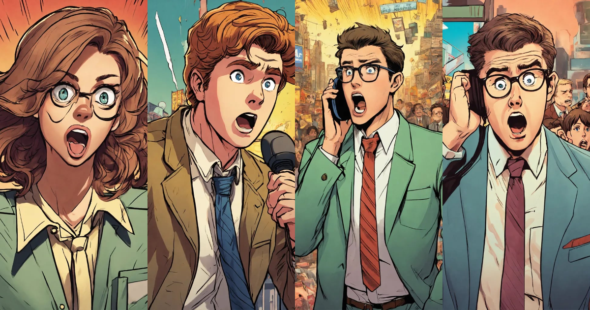 Lexica - A hysteric news reporter, with exaggerated features and a ...