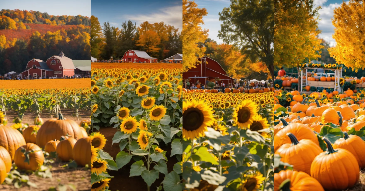 Lexica - Fall festival pumpkin patch scene with trees changing colors ...