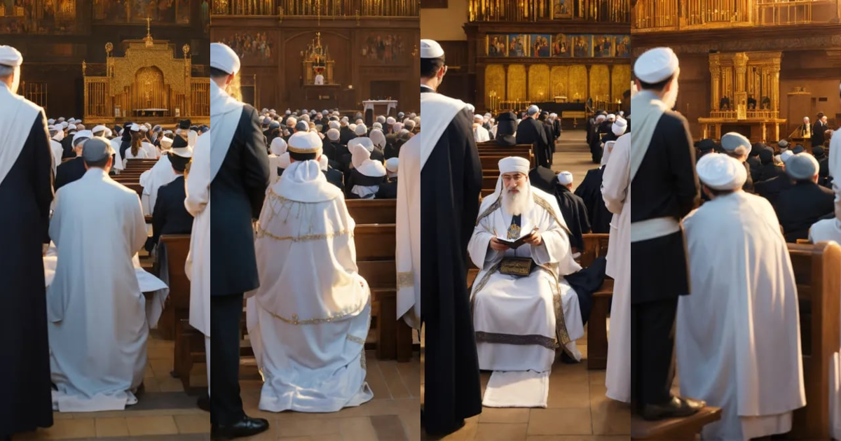 Lexica - A hundred Orthodox people sit in a synagogue with tallit and ...