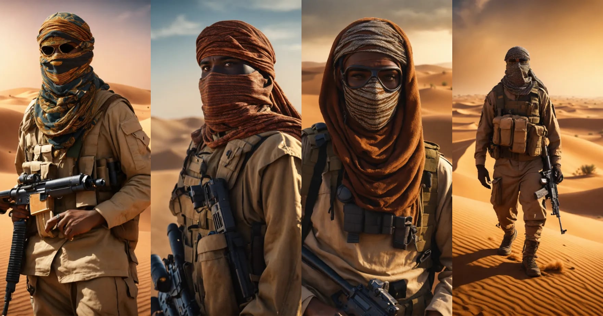 Lexica - Desert, terrorist, masked african, war background, scarfaced ...