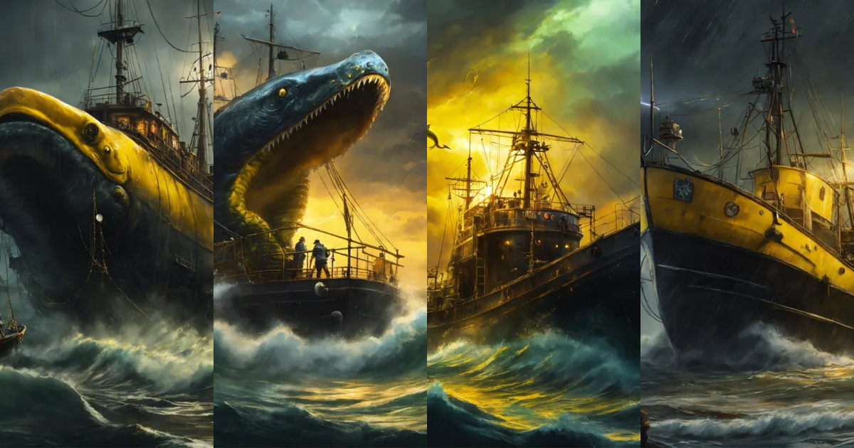 Lexica - Concept art of a fishing ship observing a black and yellow ...