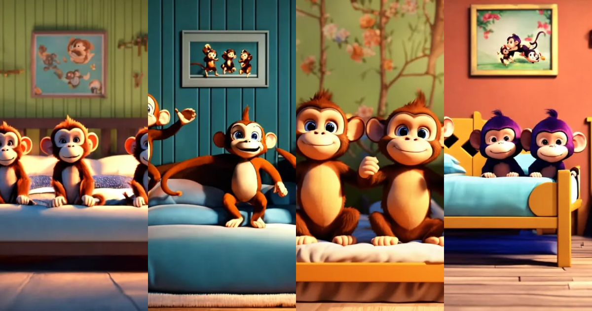 Lexica - Four little monkeys jumping in the bed. 3d cartoon animation.