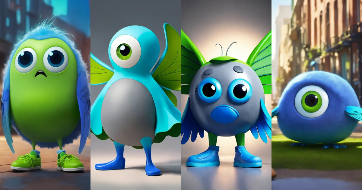 Lexica - A gray cartoon blob with one eye, bright green wings, and blue ...