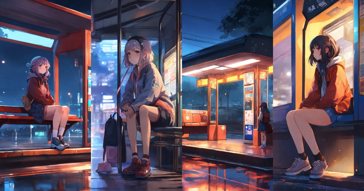 Lexica - A cute anime lofi girl waits at an empty bus stop at night, by ...
