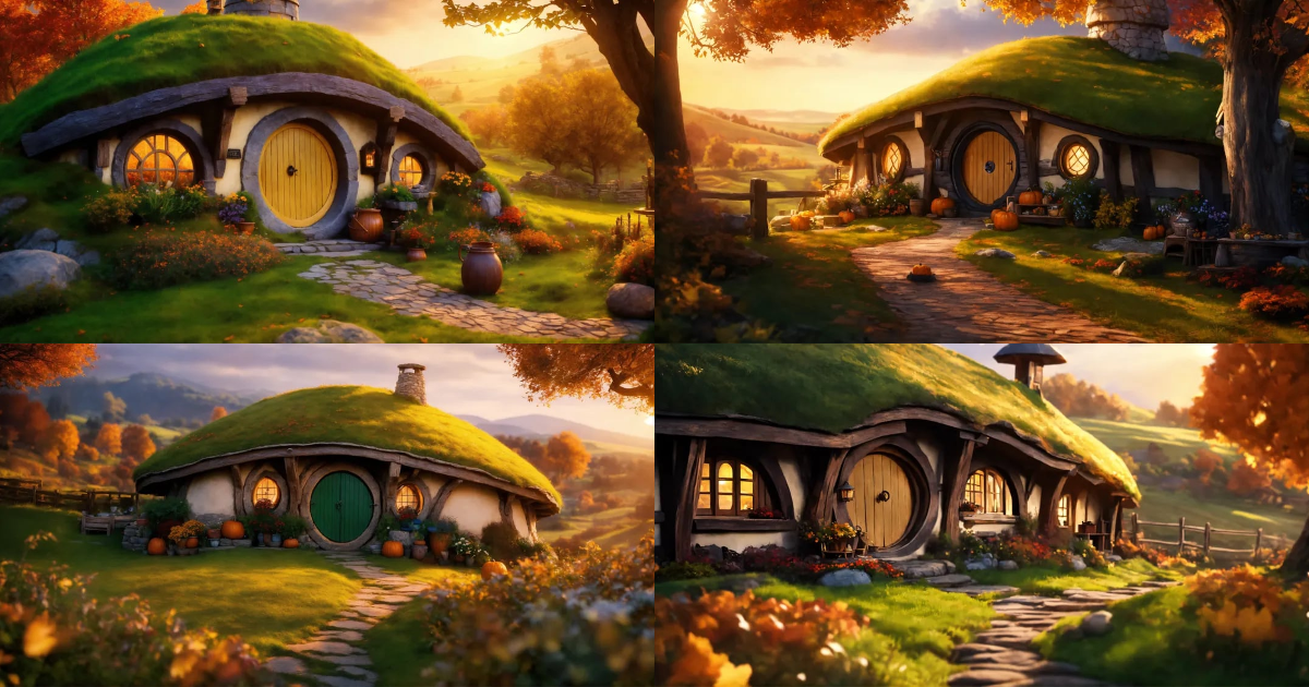 Lexica - Epic shot of the shire in autumn, a hobbit hole, ultra ...
