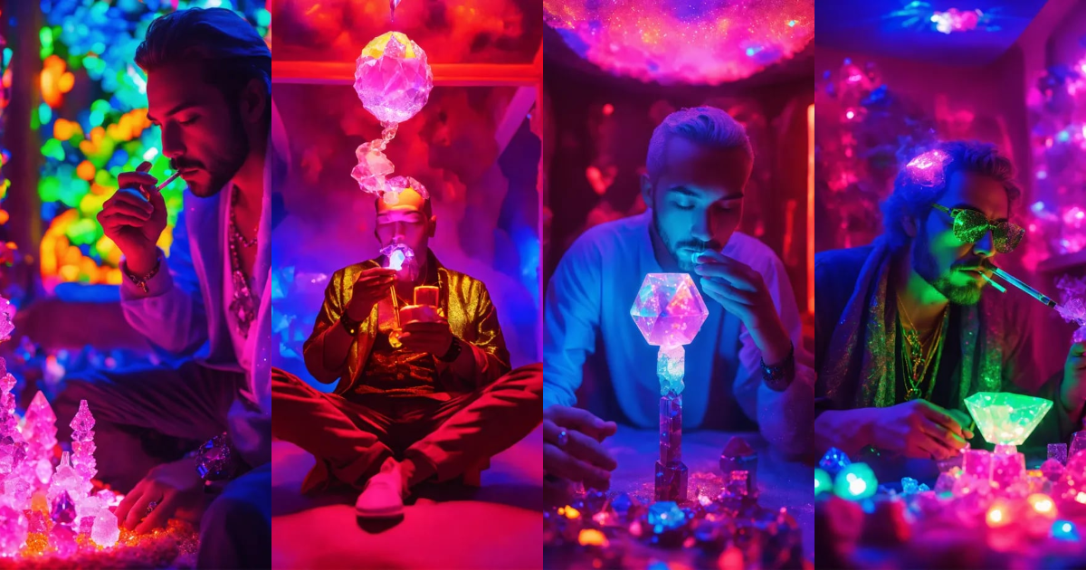 Lexica - A crystal man smoking crystals in a crystal pipe in a DMT ...