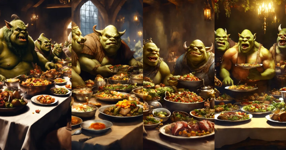 Lexica - Many ogres eating on a joyfull banquet , digital painting ...