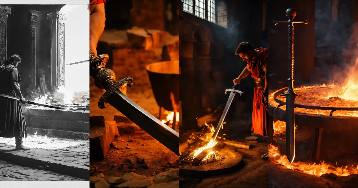 Lexica - A roman sword being drawn our of the fire of a forge, dark ...