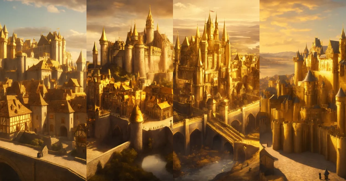 Lexica - Realistic, a medieval kingdom all shiny gold, with houses made ...