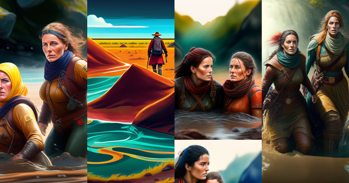 Lexica - Coloured sketch art style, 2 scared explorer women sinking in ...