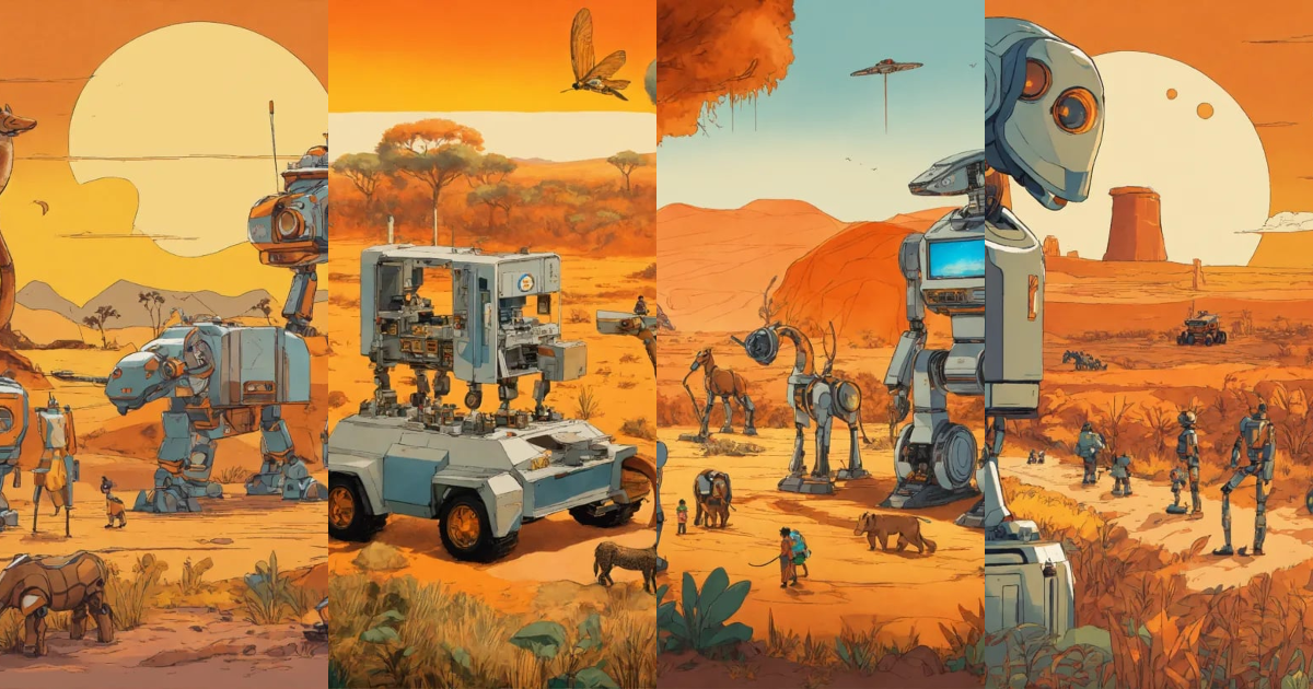 Lexica - Create a cartoonish poster that portrays a robot family on a ...