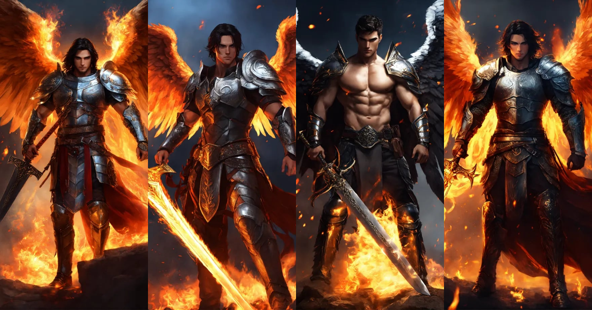 Lexica - Strong Male Angel with dark hair in body armor with flaming sword
