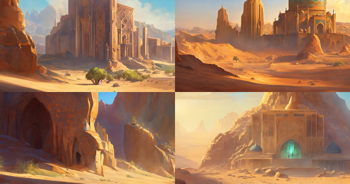 Lexica - Desert cliffs, mystical, glowing gems, weird desert rock ...